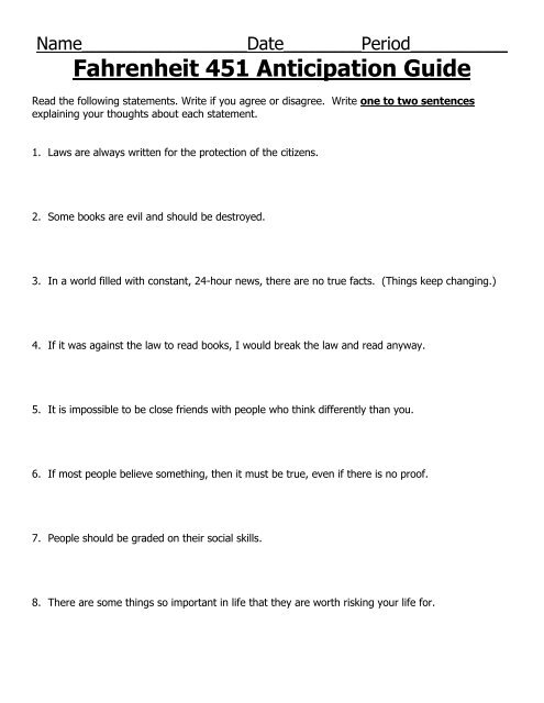 Fahrenheit 451 Anticipation Guide - 9th Grade Lit and Comp 2010 ...