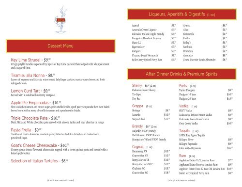 Dessert Menu After Dinner Drinks & Premium ... - Julias Ristorante