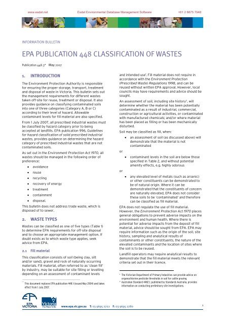 EPA PUBLICATION 448 CLASSIFICATION OF WASTES - ESdat