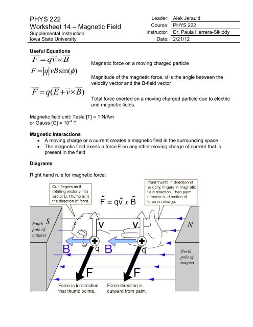 PHYS 222 Worksheet 14 Magnetic Field ANSWERS - Iowa State ...