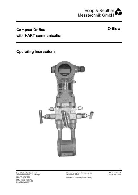 Compact Orifice Oriflow with HART communication Operating ...