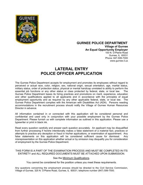 lateral entry police officer application - Village of Gurnee