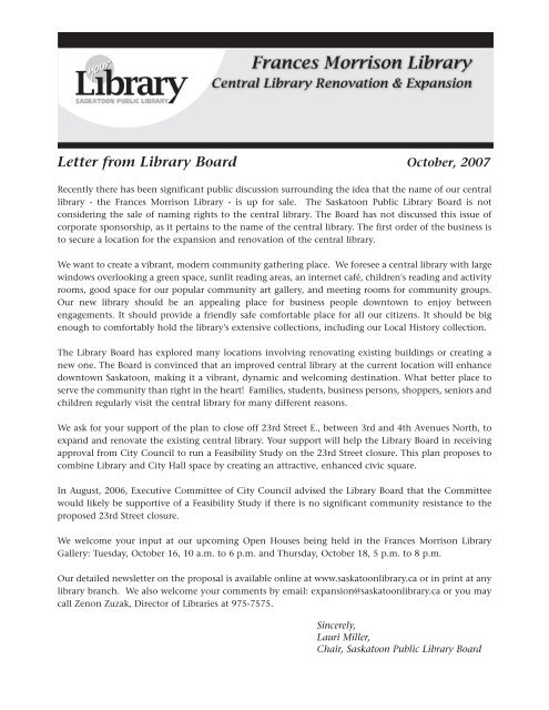 Letter from Library Board - Saskatoon Public Library