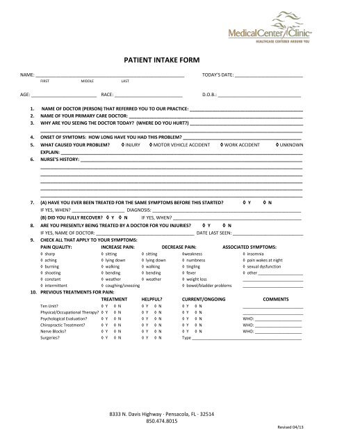 PATIENT INTAKE FORM - Medical Center Clinic