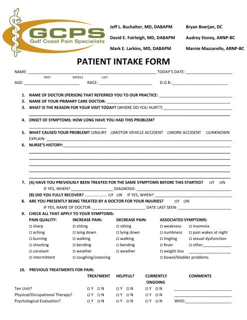 patient intake form - Medical Center Clinic