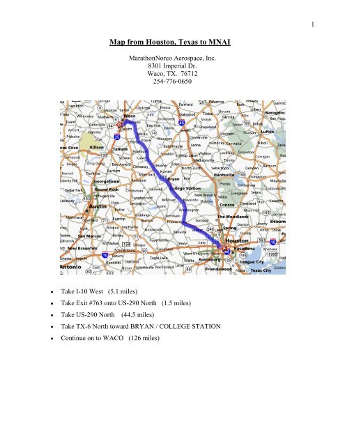 Map from Houston, Texas to MNAI - MarathonNorco Aerospace