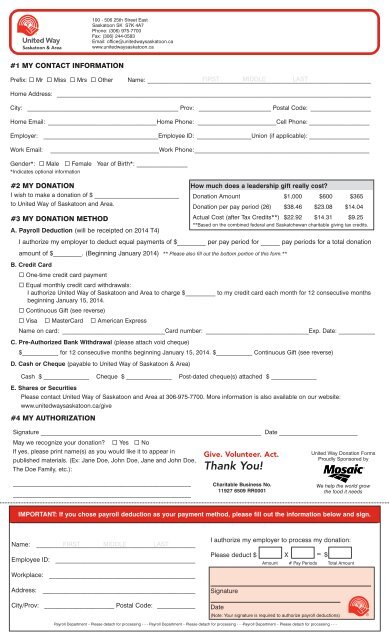 Workplace Donation Form 2013 - United Way of Saskatoon and Area