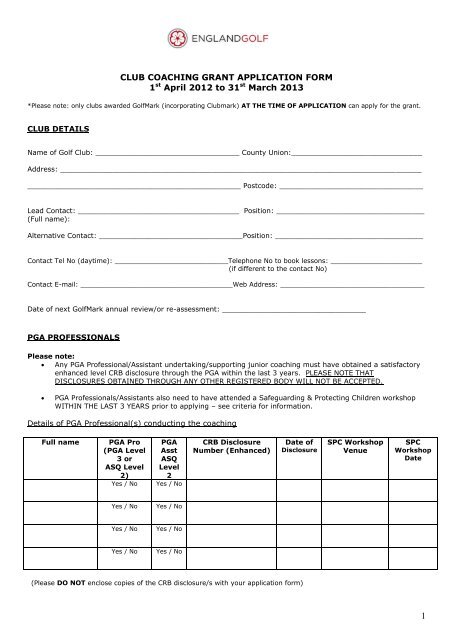 CLUB COACHING GRANT APPLICATION FORM 1st ... - England Golf