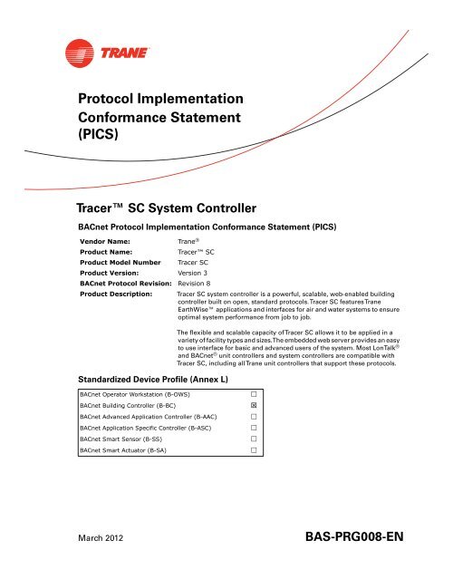 PICS Tracer SC System Controller - BACnet International
