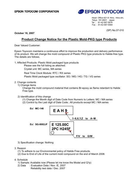 Product Change Notice for the Plastic Mold-PKG type Products