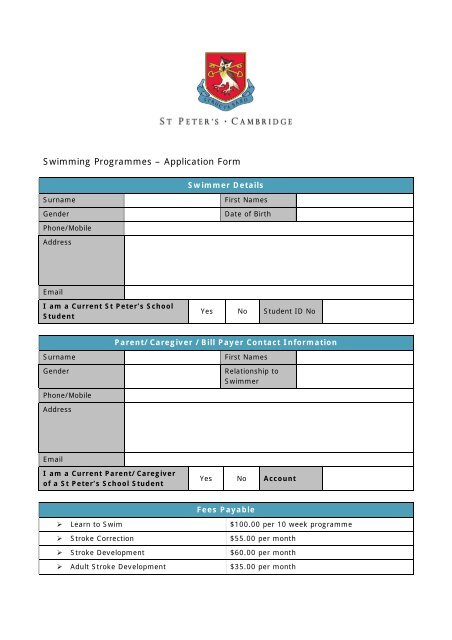 Swimming Programmes â Application Form - St Peter's School