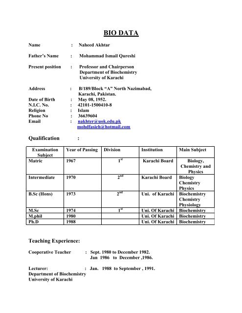 BIO DATA - University of Karachi