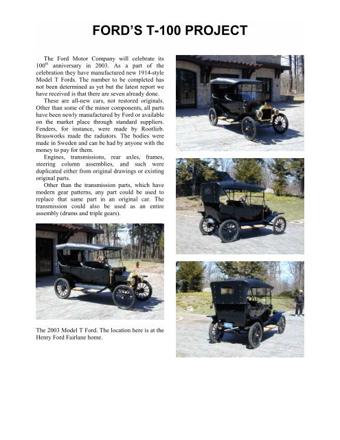 FORD'S T-100 PROJECT - Model T Ford Club of America