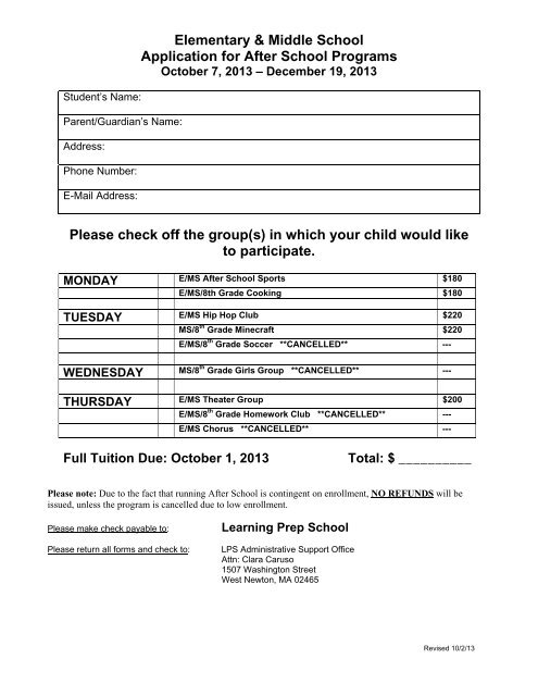After School registration form - Learning Prep School