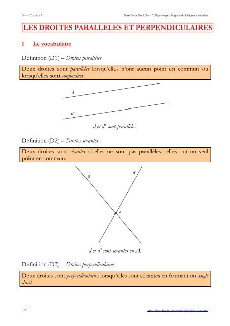 LES DROITES PARALLELES ET PERPENDICULAIRES - PYSA - Free