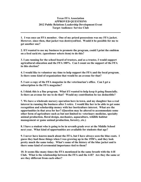2012 PR Questions - Texas FFA Association