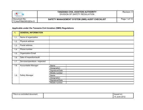 Draft Checklist for SMS Audit - Tanzania Civil Aviation Authority Draft Checklist for SMS Audit - Tanzania Civil Aviation Authority