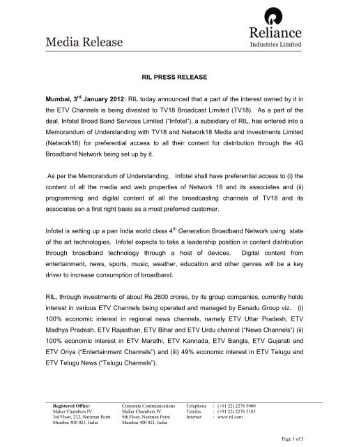 ril press release - Reliance Industries Ltd