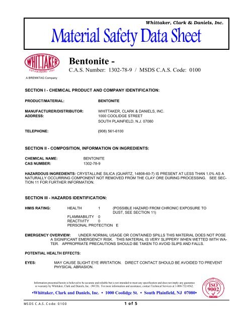 Bentonite -MSDS C.A.S. Code - Clay Planet