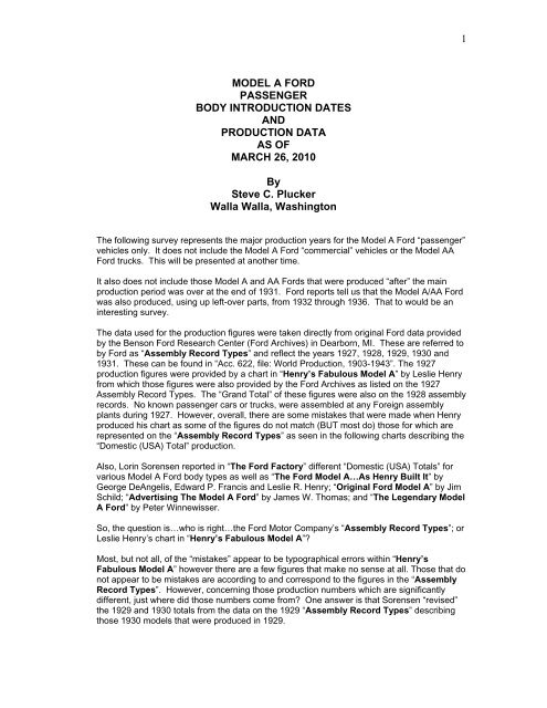 model a ford passenger body introduction dates and ... - Steve Plucker