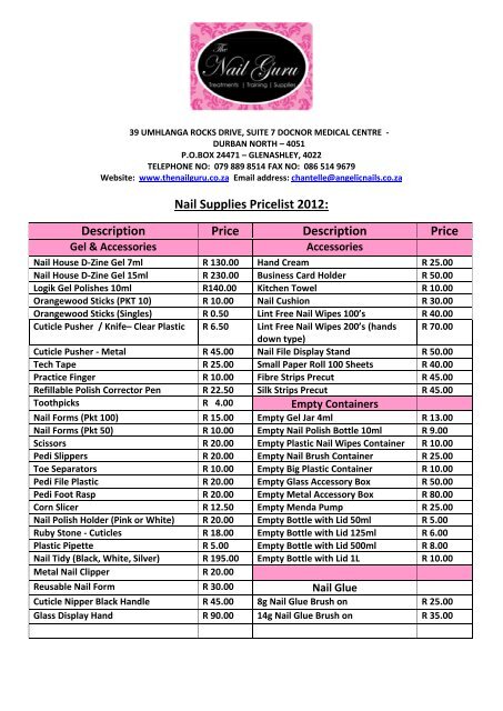 Nail Supplies Pricelist 2012: Description Price ... - The Nail Guru
