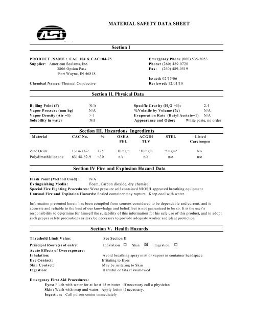 MATERIAL SAFETY DATA SHEET Section I Section II. Physical Data ...