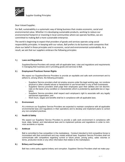 Supplier Guiding Principles Dear Valued Supplier, For Ball ...