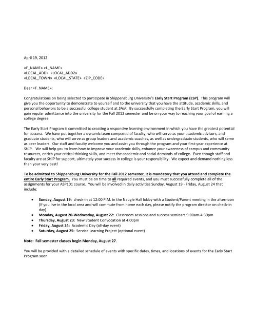 ESP Welcome Letter - Shippensburg University