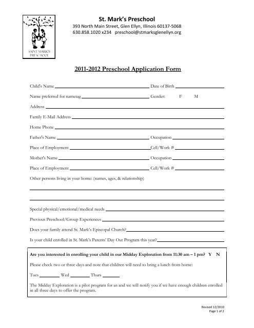 St. Mark's Preschool 2011-2012 Preschool Application Form