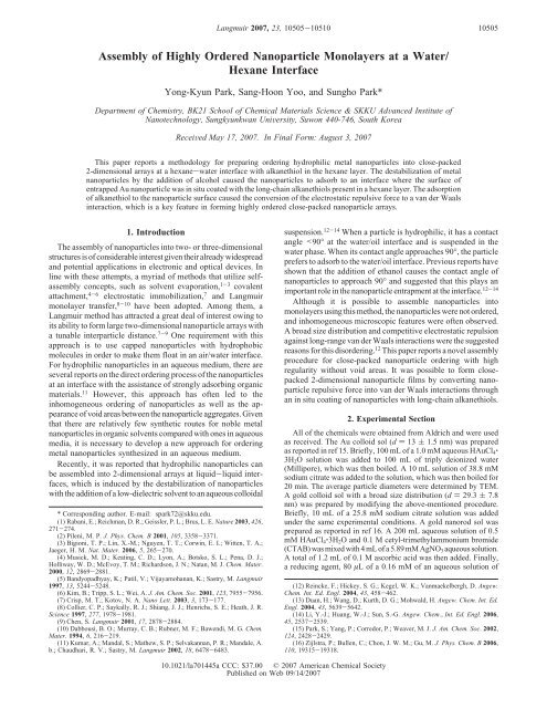 Assembly of Highly Ordered Nanoparticle Monolayers at a Water ...