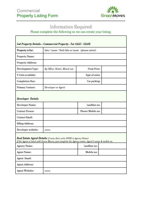 Commercial Listing Form - Green Moves Australia