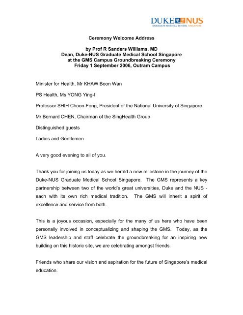 Welcome Address - Duke-NUS