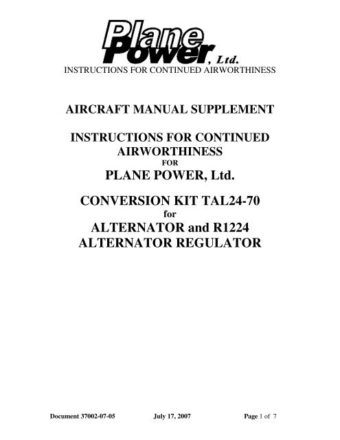 Plane Power Alternator Kits