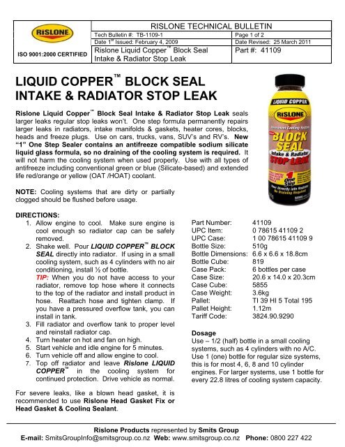 liquid copper block seal intake & radiator stop leak - Smits Group