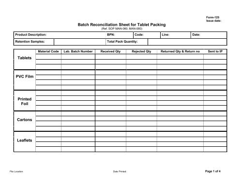Form-125 Example-Batch Reconciliation Sheet for Tablet Packing