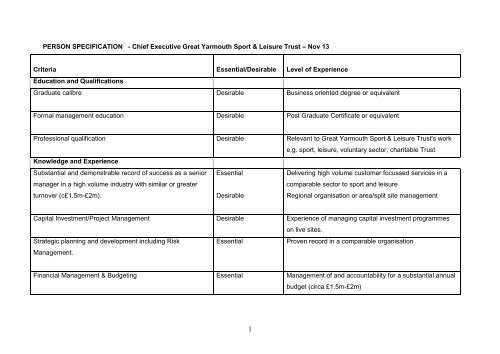 PERSON SPECIFICATION - great yarmouth sport & leisure trust