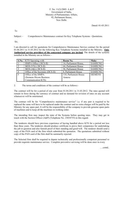 Comprehensive Maintenance contract for Key Telephone System