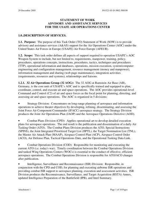 STATEMENT OF WORK ADVISORY AND ASSISTANCE SERVICES ...