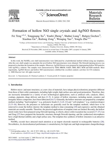 Formation of hollow NiO single crystals and Ag/NiO flowers