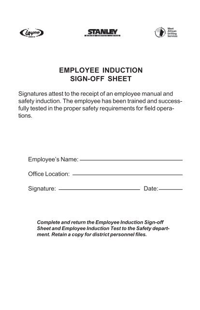 EMPLOYEE INDUCTION SIGN-OFF SHEET - Layne Safety