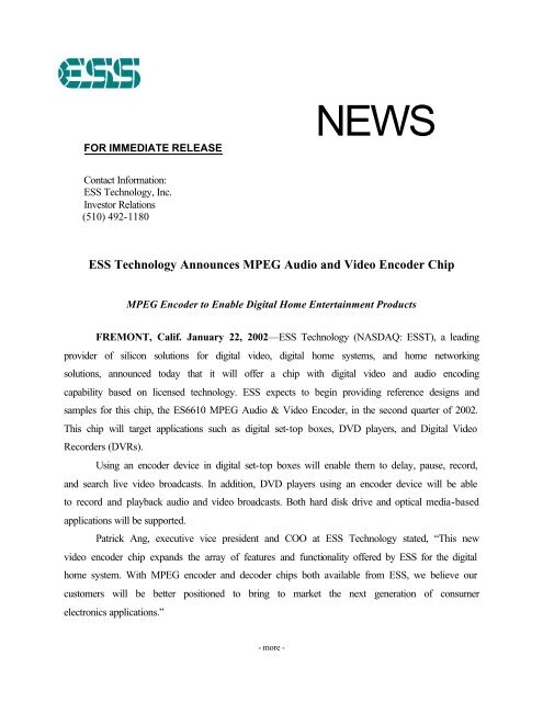 ESS Technology Announces MPEG Audio and Video Encoder Chip