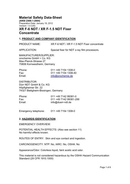 Material Safety Data-Sheet XR F-6 NDT / XR F-1.5 ... - duerr-ndt.de