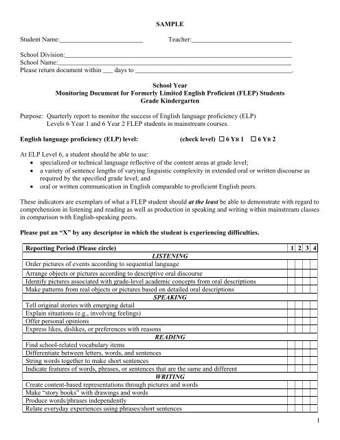 Monitoring Document for Formerly English Proficient (FLEP) Students