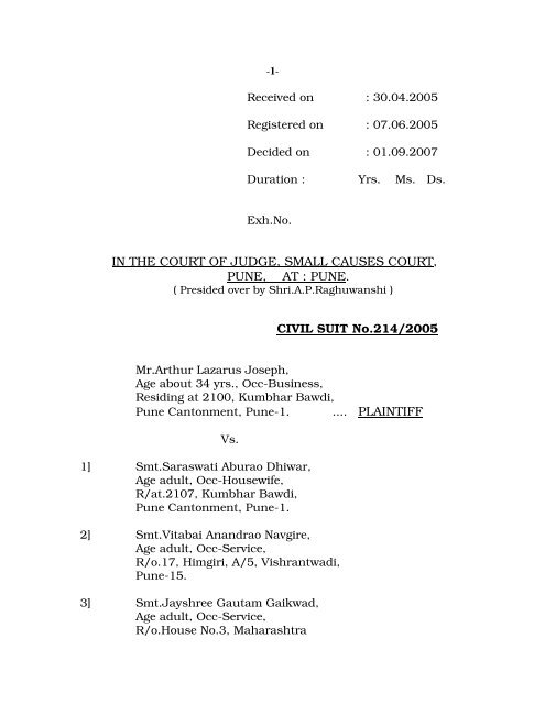 IN THE COURT OF JUDGE, SMALL CAUSES COURT, PUNE, AT ...