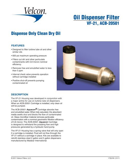 VF-21 Oil Dispenser Filter - Data Sheet #1735 - Velcon Filters