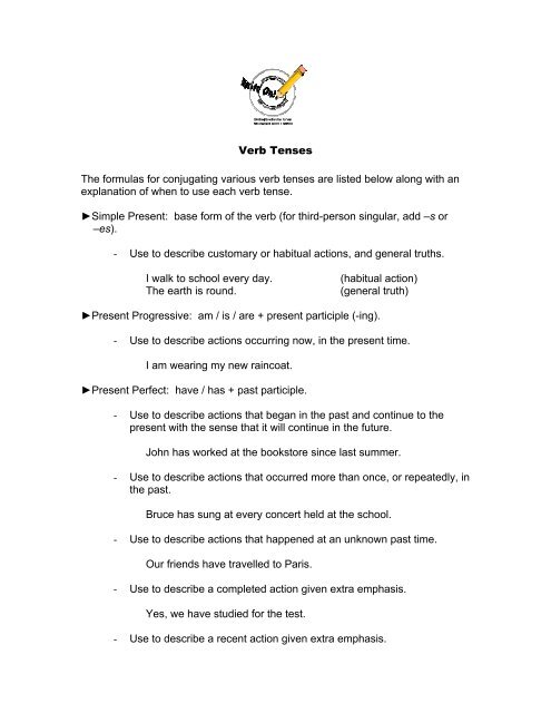 Verb Tenses The formulas for conjugating various verb tenses are ...