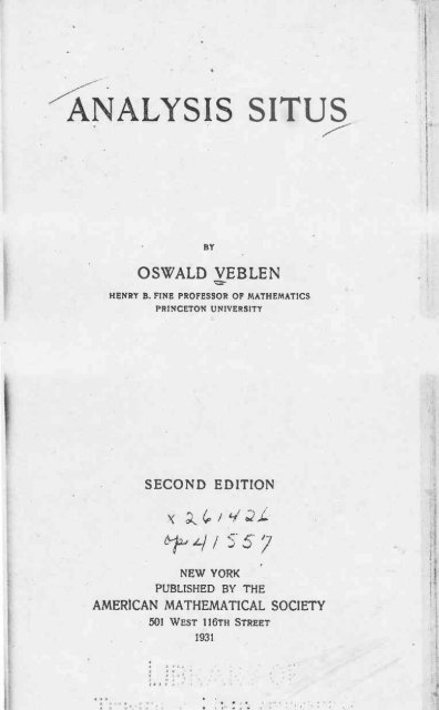 Analysis Situs by Oswald Veblen - HIST-Analytic