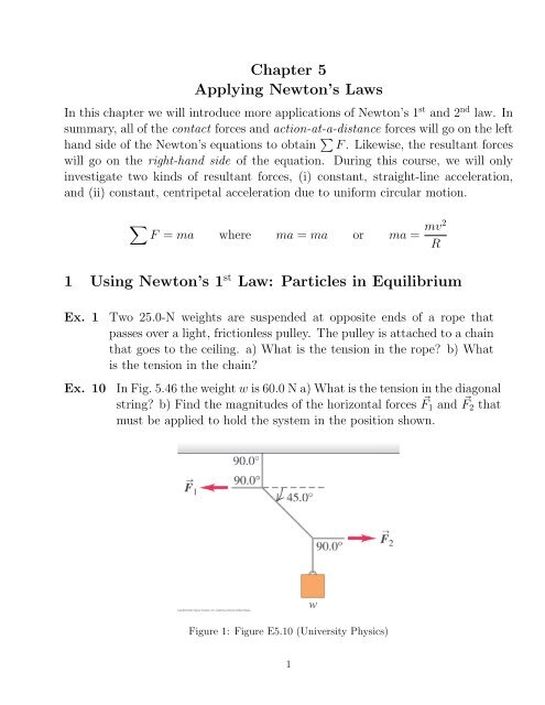 Chapter 5 Applying Newton's Laws 1 Using Newton's 1st Law ...