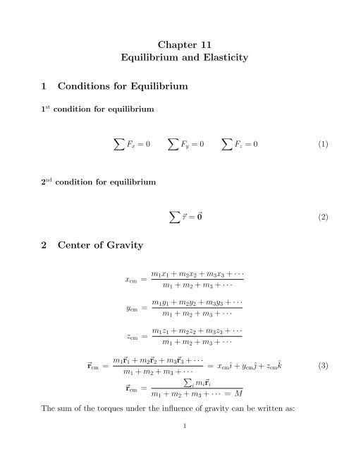 Chapter 11 Equilibrium and Elasticity 1 Conditions for Equilibrium 2 ...