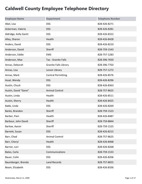 Caldwell County Employee Telephone Directory